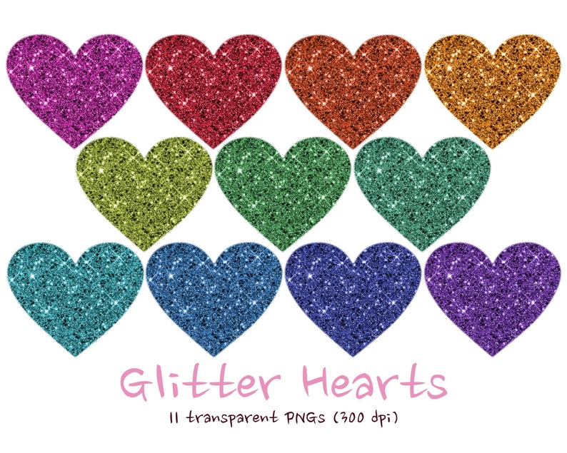 Glitter Heart Clipart, Valentine's Clipart, Rainbow Hearts, Colored ...