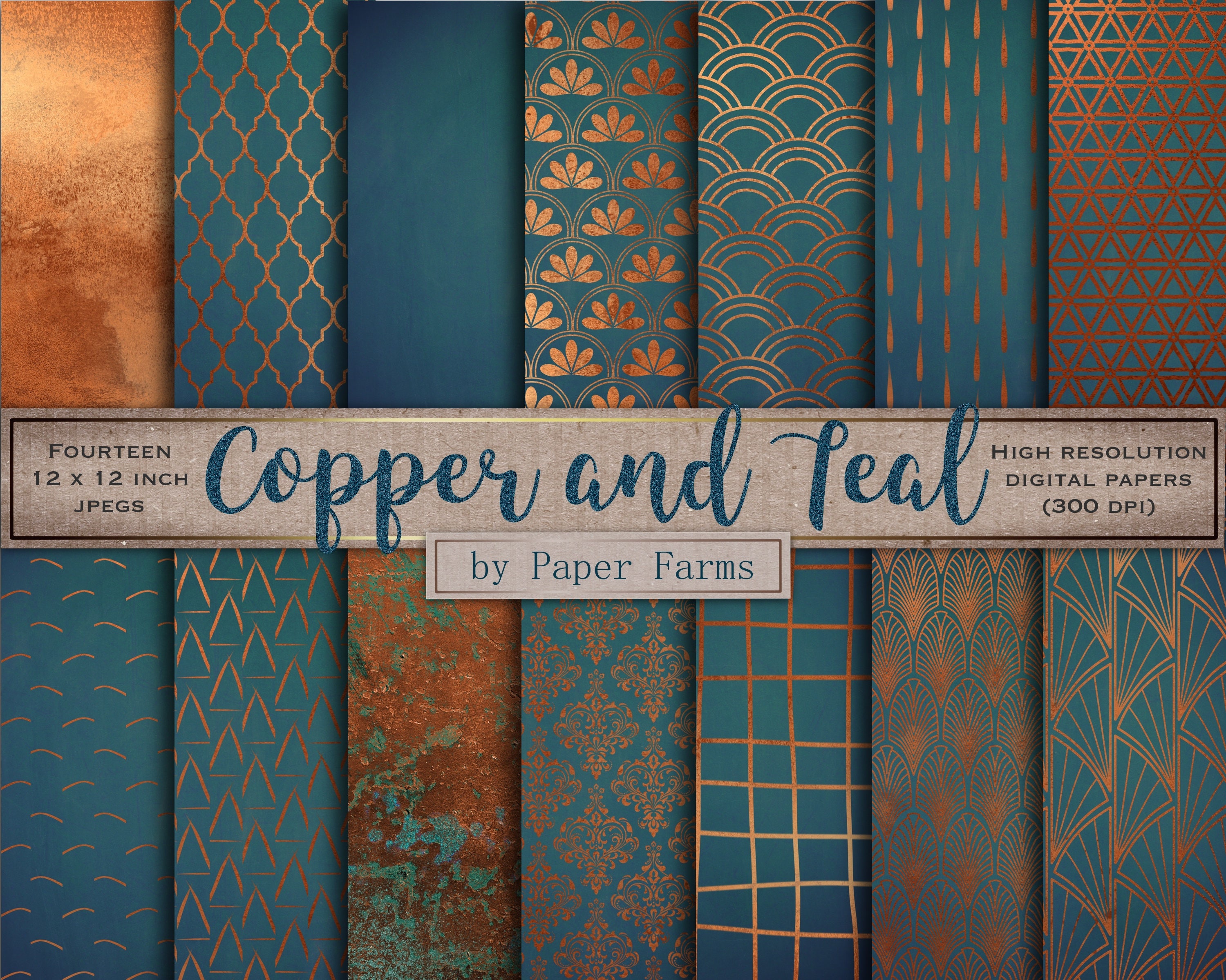 Copper teal digital paper scrapbook metallic pattern teal | Etsy