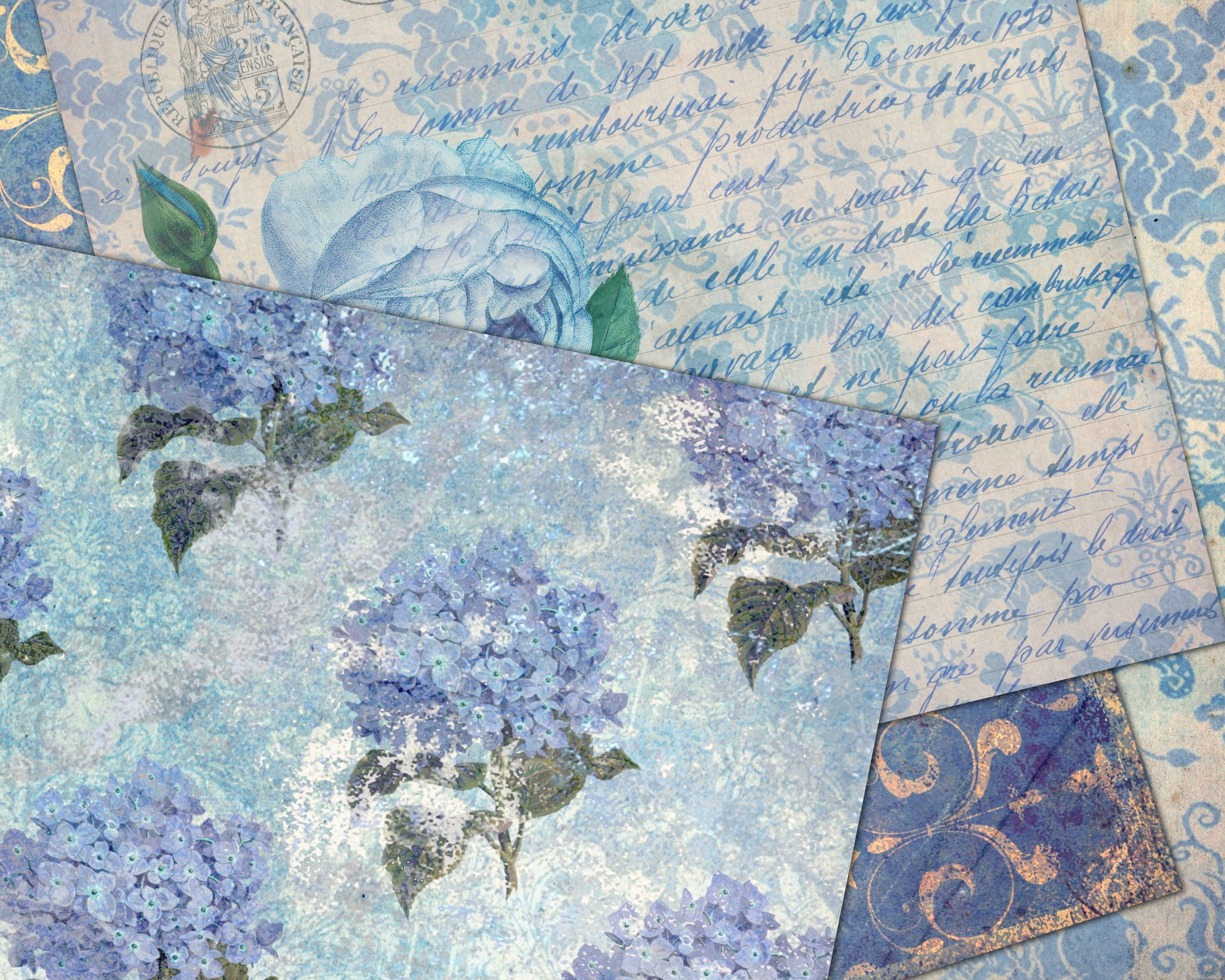 Blue Shabby Chic, Blue Ephemera, Blue Vintage, Digital Paper, Scrapbook ...