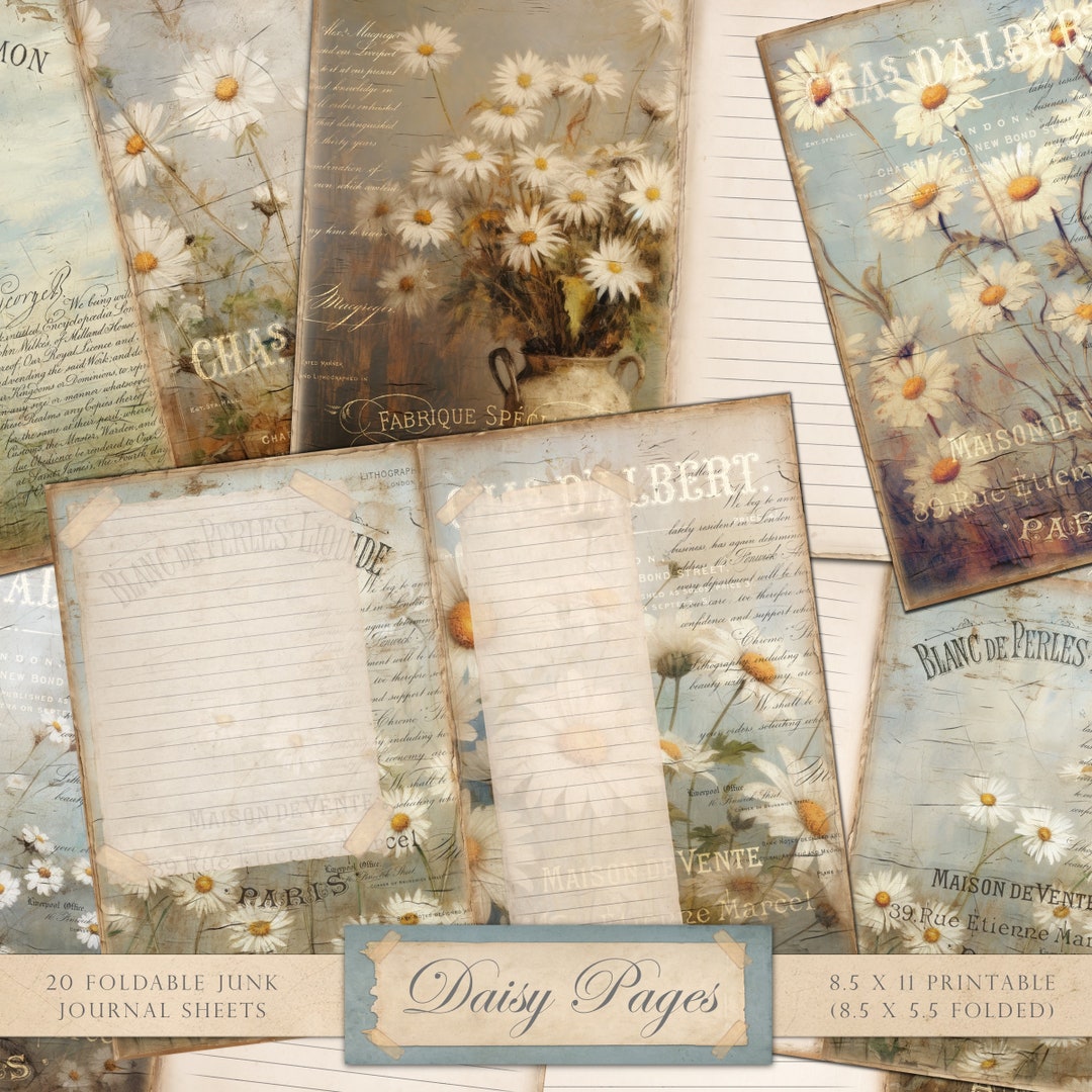 Lined Junk Journal Pages, Daisy Junk Journal, Vintage Daisies, Foldable ...