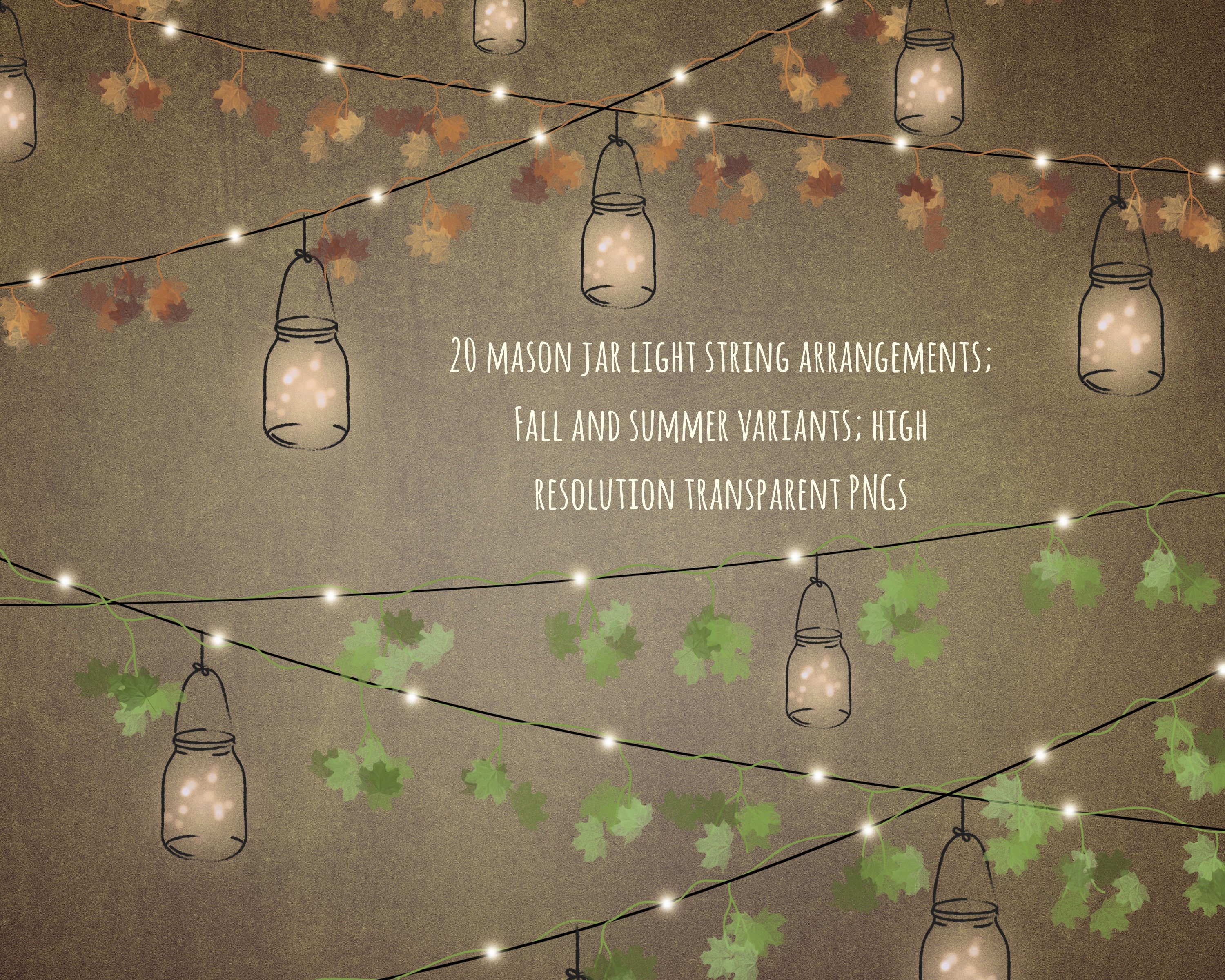 String Lights Clipart Mason Jars Overlays Vines Leaves - Etsy