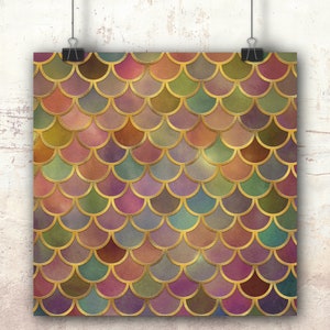 Mermaid Scales Digital Paper, Gold, Watercolor, Shells, Scales ...