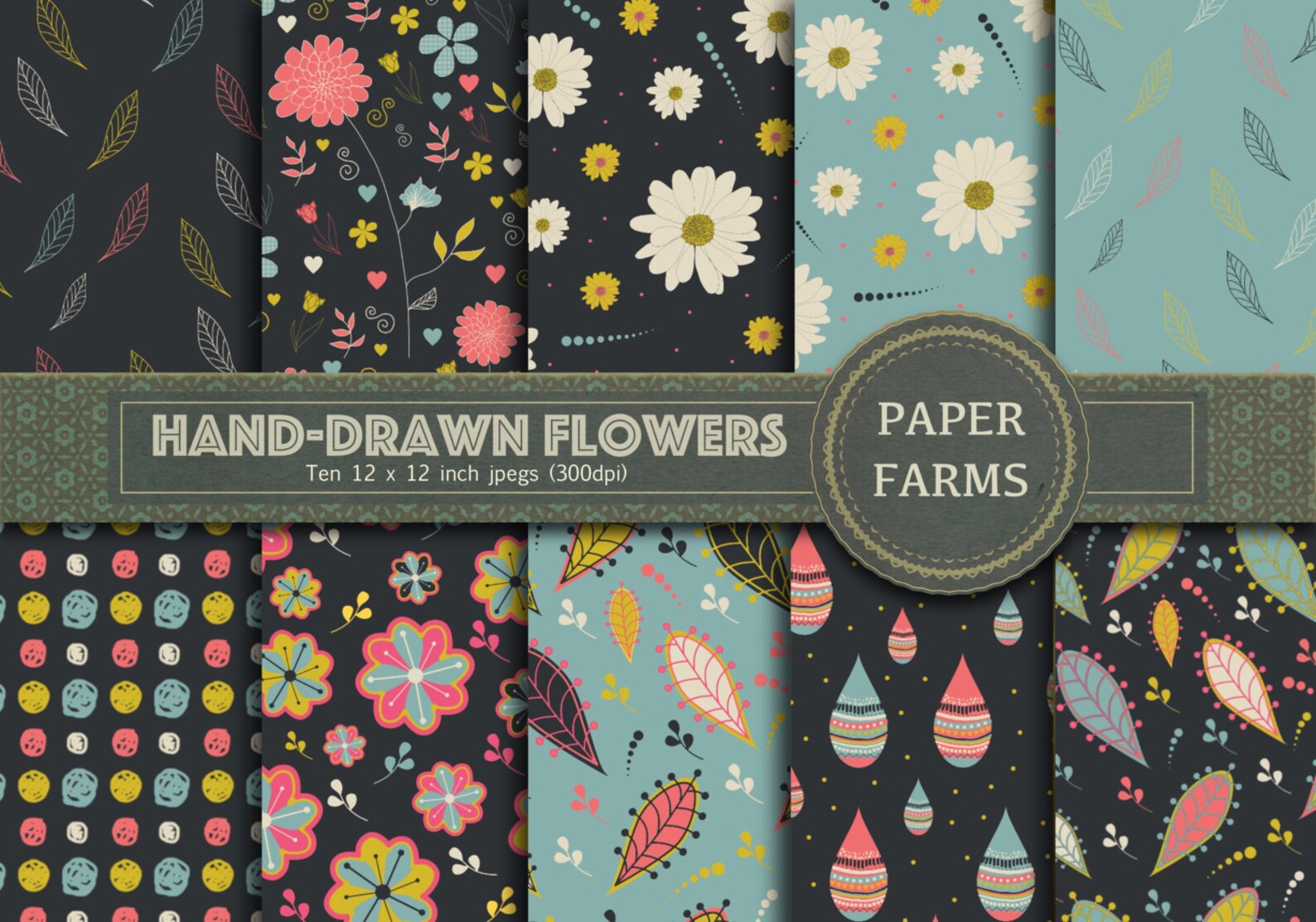 Floral Digital Paper, Flower Digital Paper, Hand-drawn Flower Digital ...