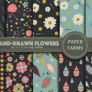 Floral Digital Paper, Flower Digital Paper, Hand-drawn Flower Digital ...