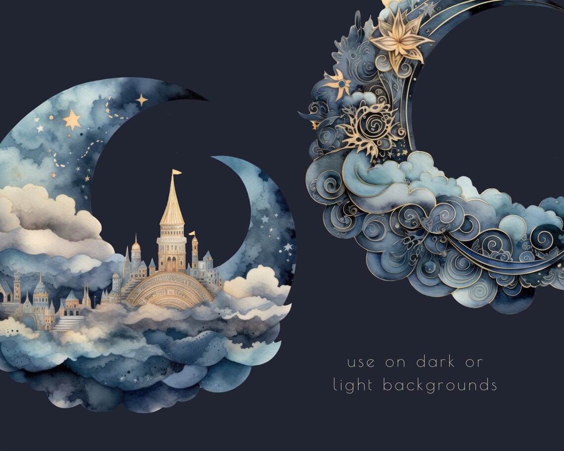 Celestial Clipart, Moon Clipart, Fantasy Clipart, Night Sky, Gold Stars ...