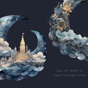 Celestial Clipart, Moon Clipart, Fantasy Clipart, Night Sky, Gold Stars ...