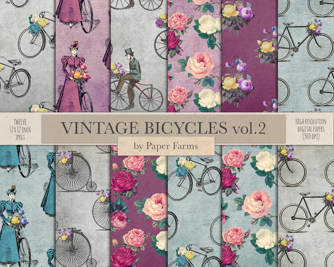 Vintage Digital Paper, Vintage Scrapbook Paper, Vintage Bicycles ...