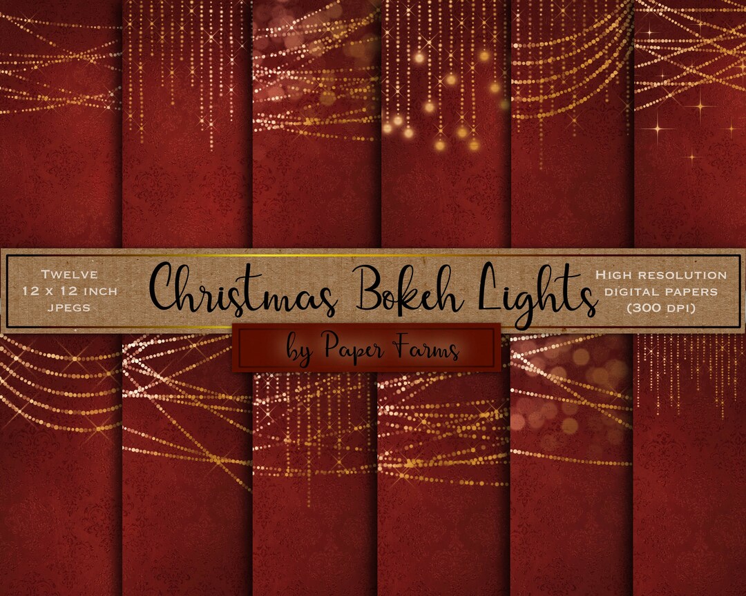 Christmas Digital Paper, Gold Lights, Red and Gold, Damask, Bokeh, Red ...