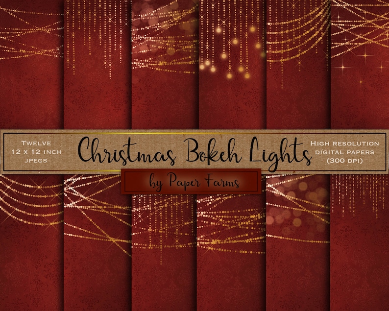 Christmas digital paper gold lights red and gold damask | Etsy