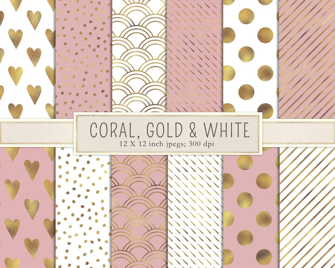 Coral, Gold, White, Pink, Gold Foil, Digital Paper, Scrapbook Paper ...