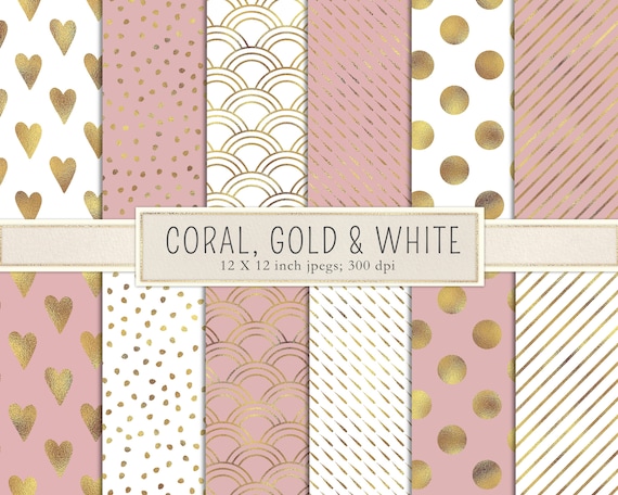 Coral Gold White Pink Gold Foil Digital Paper Scrapbook - Etsy