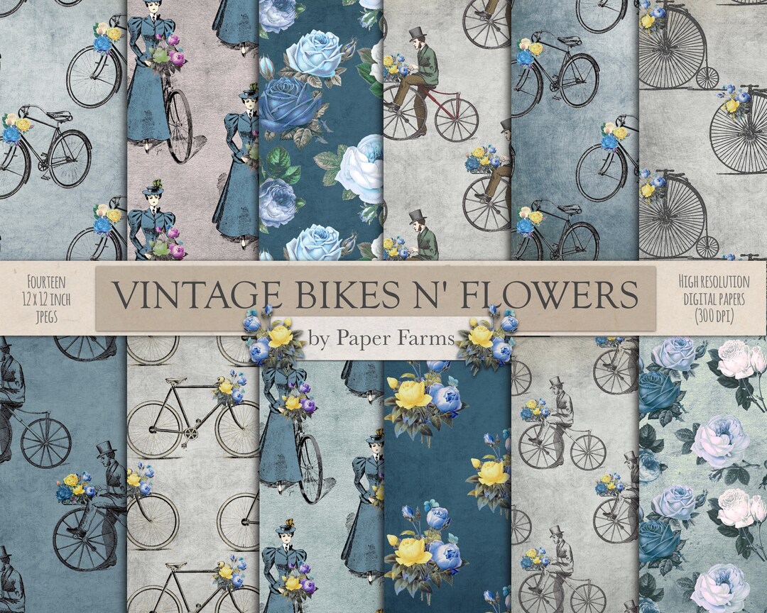 Bikes, Flowers, Digital Paper, Bicycle, Vintage, Scrapbook Paper ...