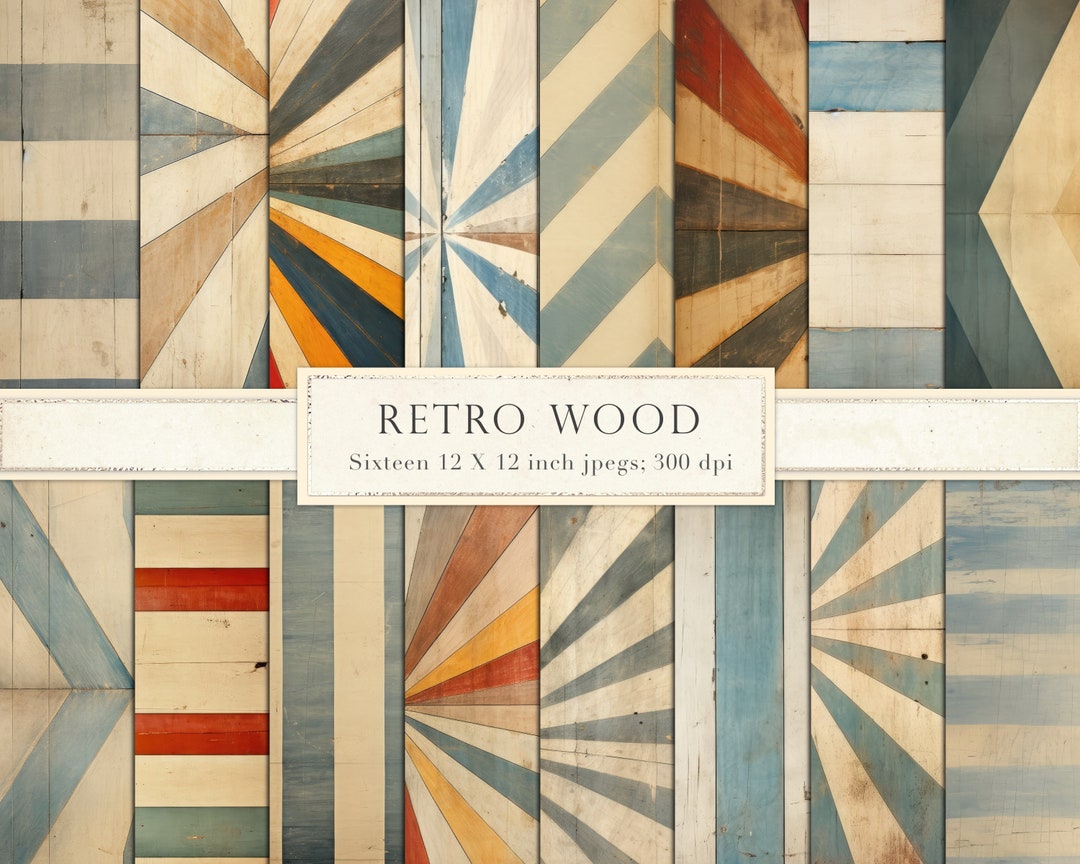 Retro Wood Digital Paper, Retro Sunburst, Blue, Red, Scrapbook Paper ...