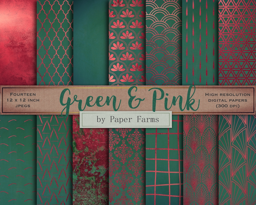 Green and Pink, Pink and Green, Digital Paper, Metallic Patterns ...