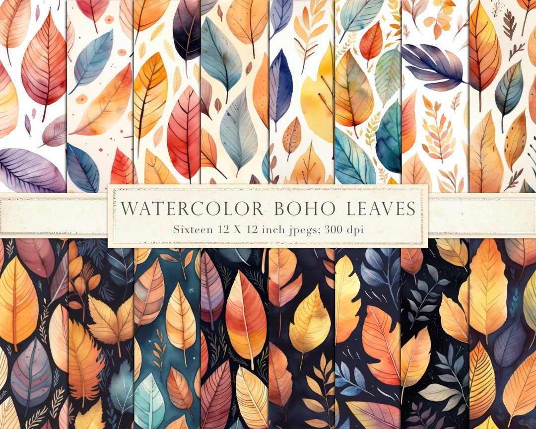 Watercolor Boho Leaves, Pattern, Digital Paper, Scrapbook Paper, Fall ...