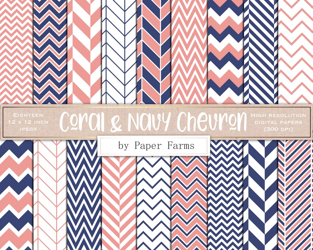 Coral and Navy Digital Paper, Pink, Salmon, Blue, Navy, Chevron ...