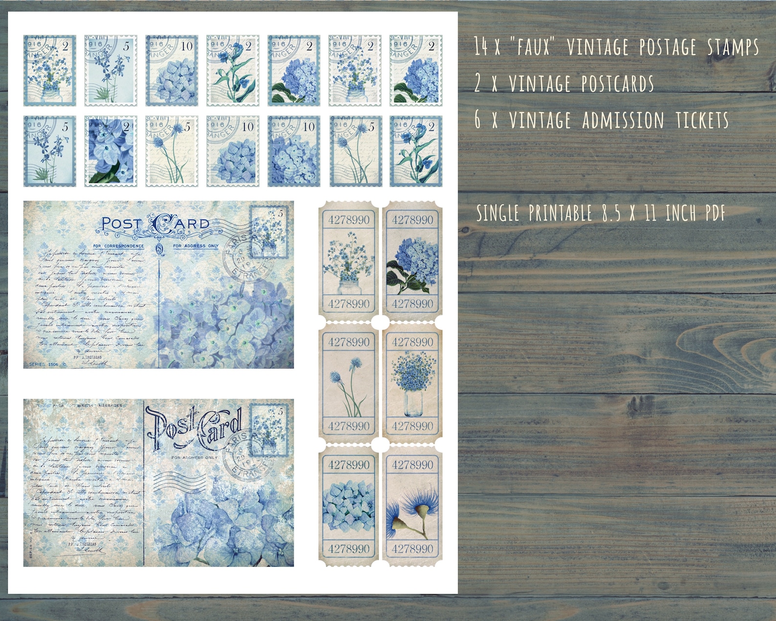 Blue Junk Journal Kit, Blue Digital Paper, Blue Collage Sheets, Floral ...