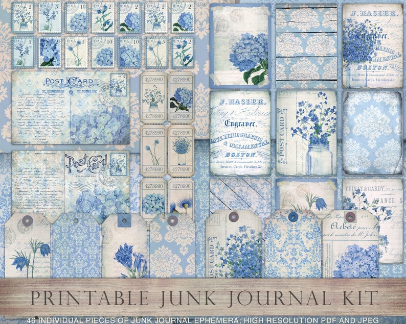Blue Junk Journal Kit, Blue Digital Paper, Blue Collage Sheets, Floral ...