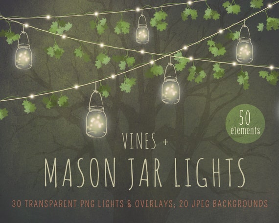 String Lights Clipart Mason Jars Overlays Vines Leaves - Etsy