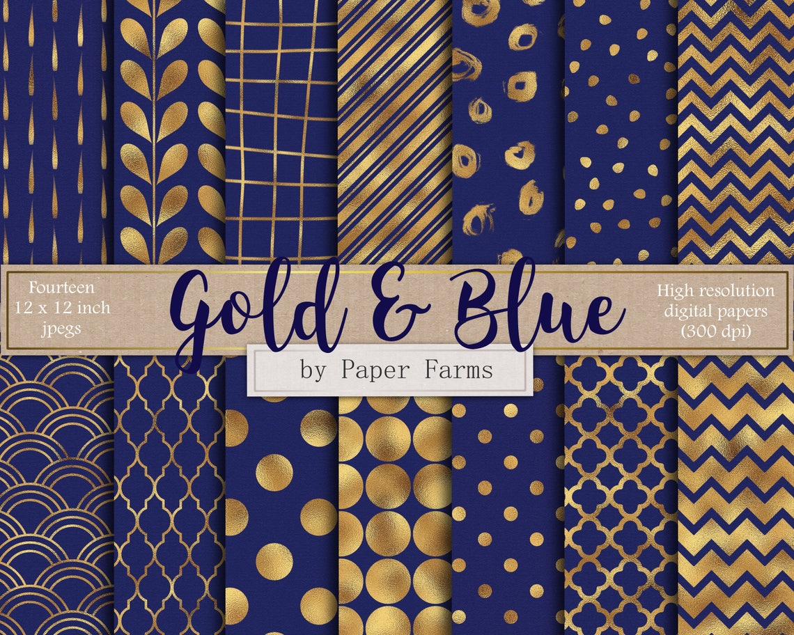Gold and Blue Digital Paper Scrapbook Paper Gold Foil - Etsy