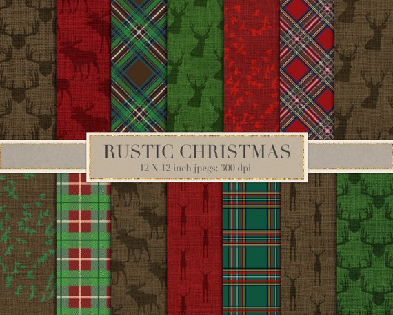 Rustic Christmas Digital Paper Scrapbook Paper Plaid Deer | Etsy