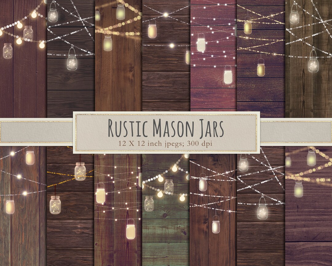 Mason Jars on Wood, Digital Paper, Fairy Lights on Wood, Rustic ...
