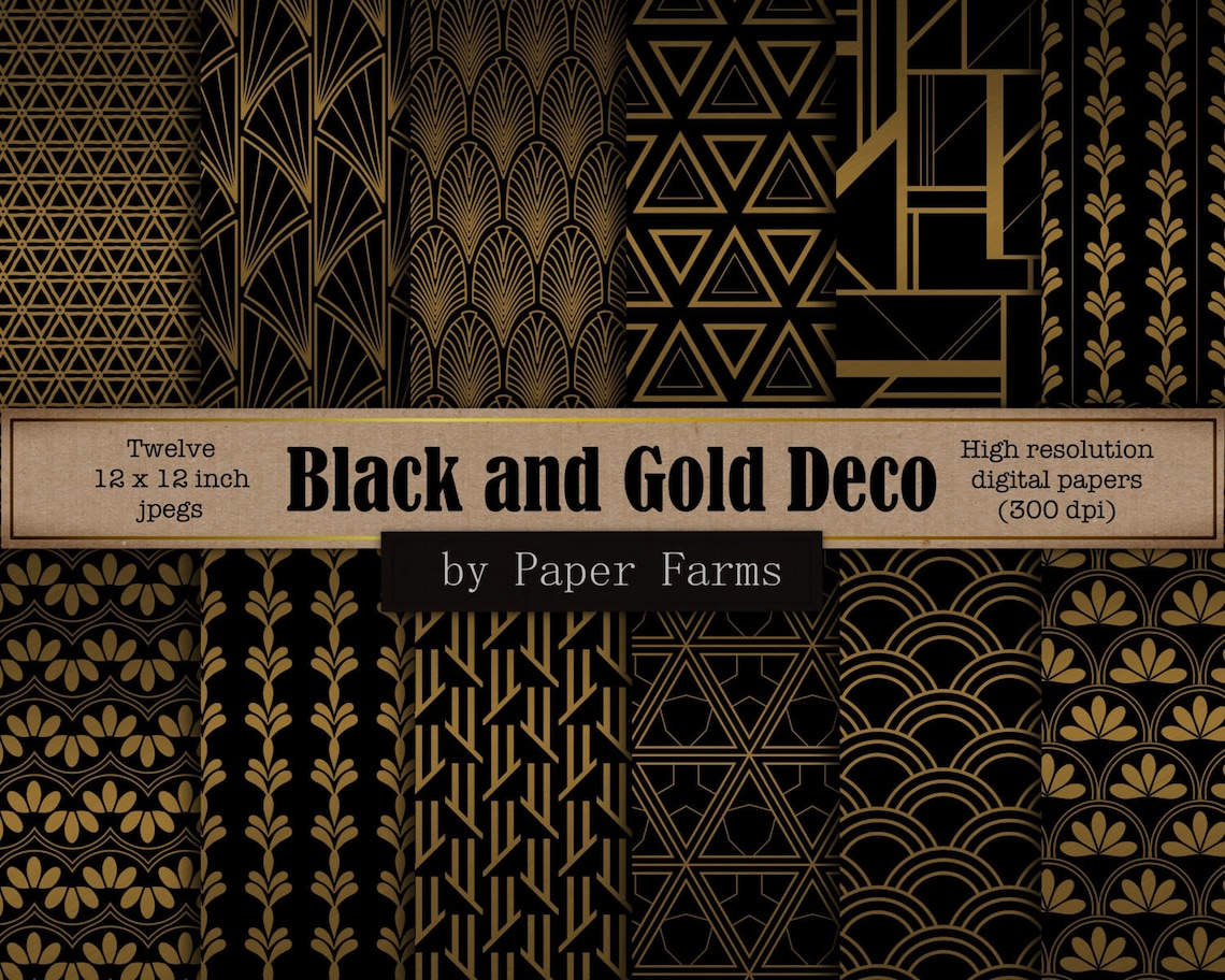 Black and Gold Art Deco Digital Paper Scrapbook Paper | Etsy