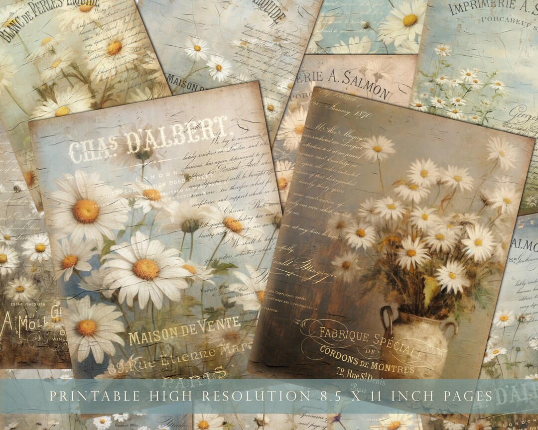 Daisy Junk Journal, Daisy Digital Paper, Vintage Daisies, Scrapbook Paper, Junk Journal, Sheets ...