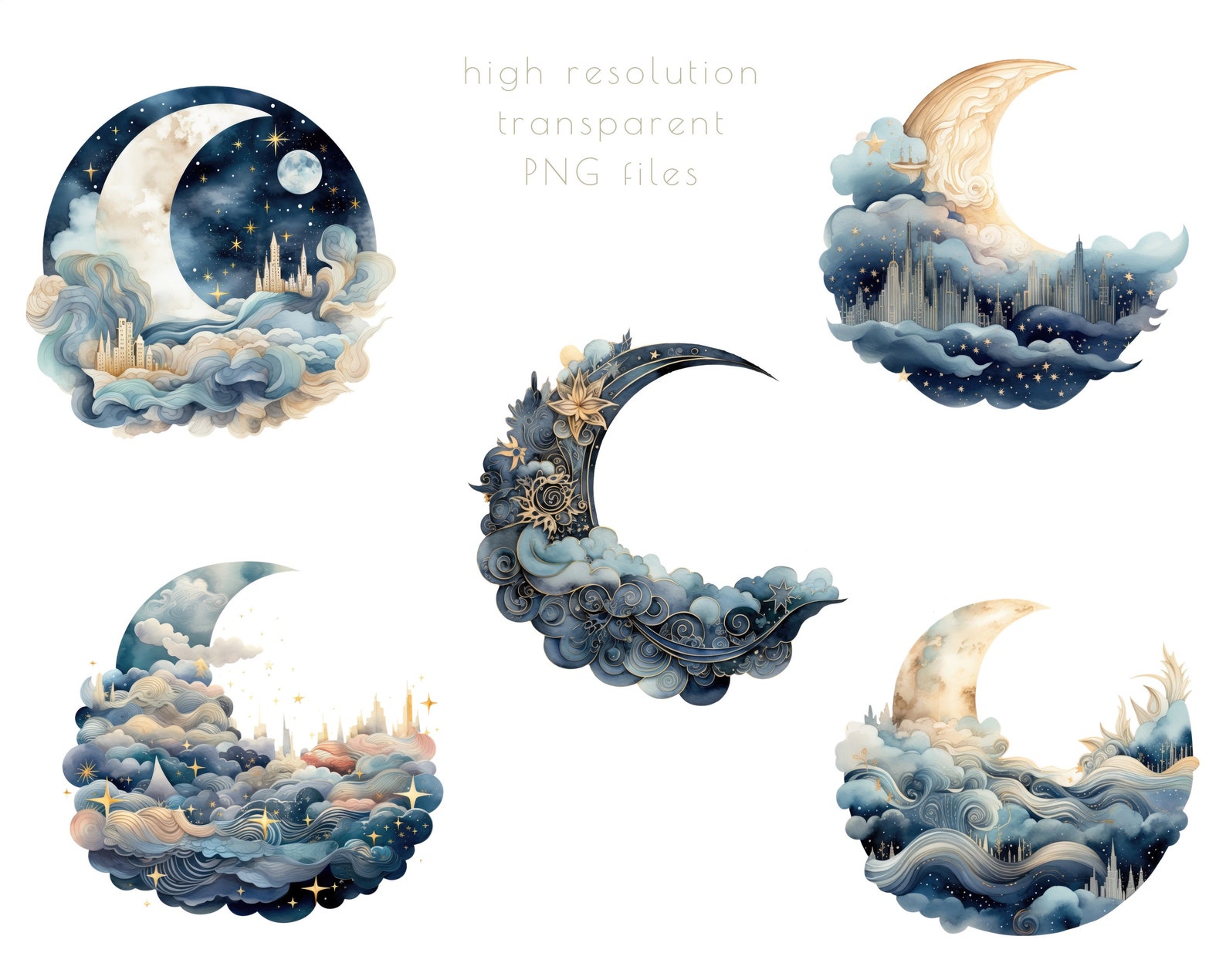 Celestial Clipart, Moon Clipart, Fantasy Clipart, Night Sky, Gold Stars ...