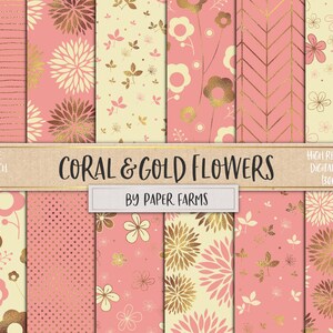 Coral Digital Paper, Coral Gold Digital Paper, Flower, Coral, Salmon ...
