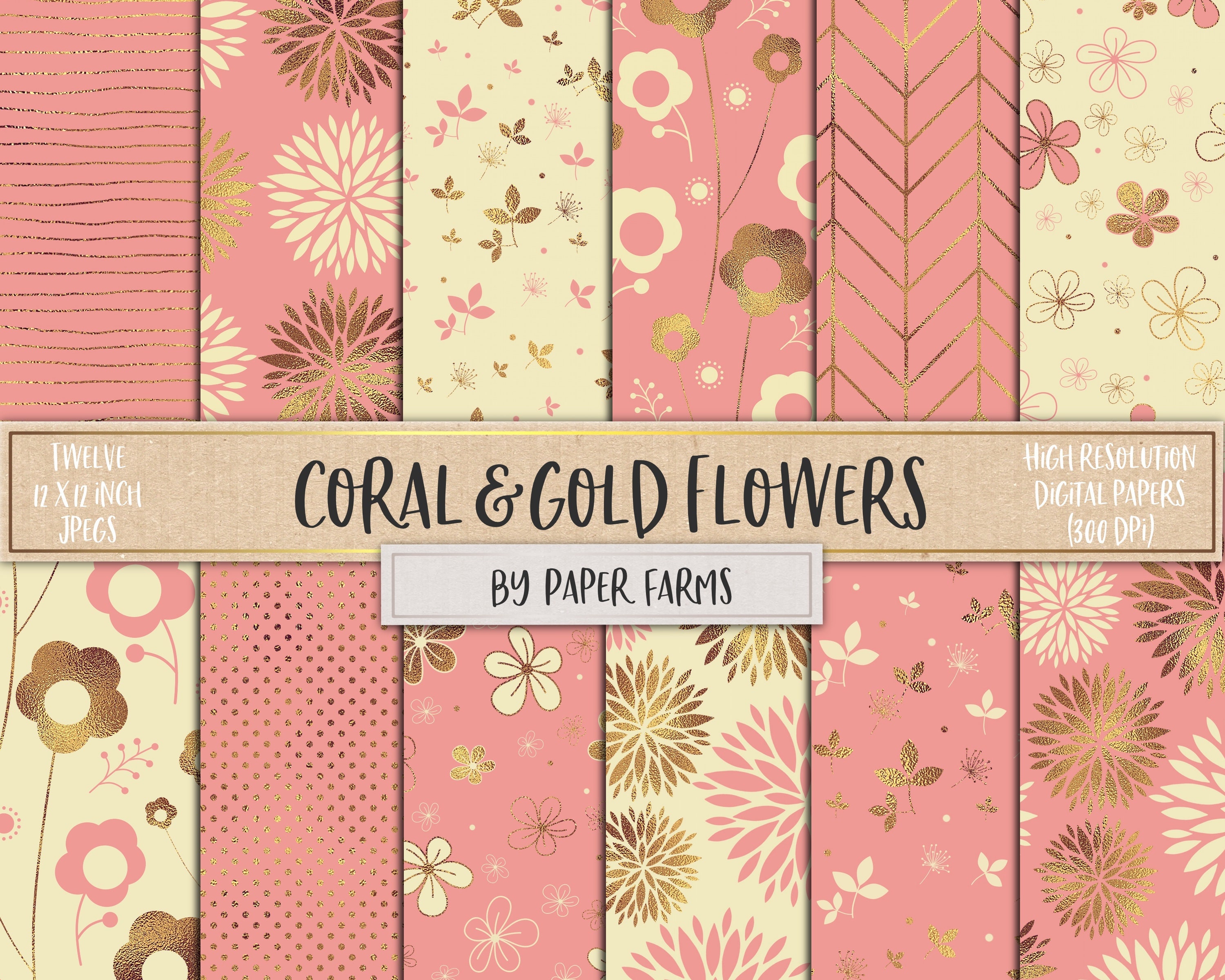 Coral Digital Paper Coral Gold Digital Paper Flower Coral - Etsy