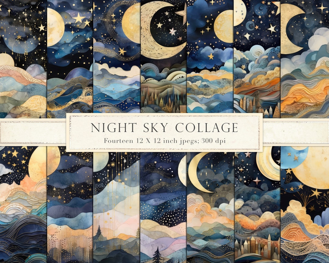 Night Sky Digital Paper, Paper Collage, Gold Stars, Moon, Starry Night ...