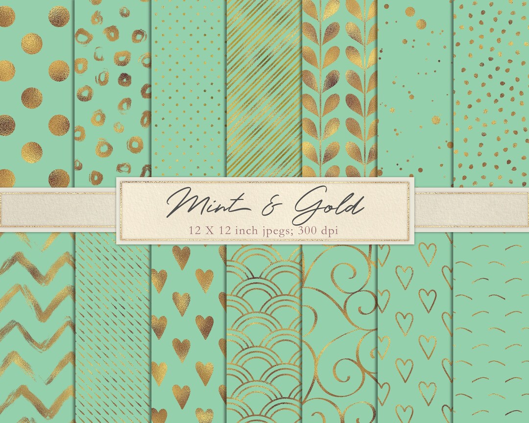 Mint Gold Digital Paper, Mint Gold Scrapbook Paper, Digital ...