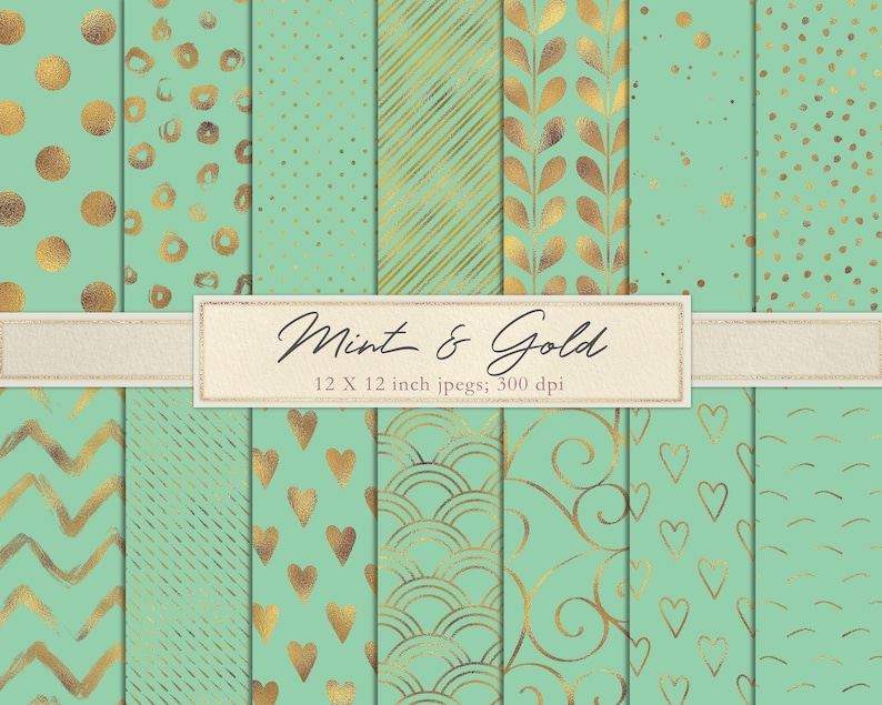 Mint Gold Digital Paper, Mint Gold Scrapbook Paper, Digital ...