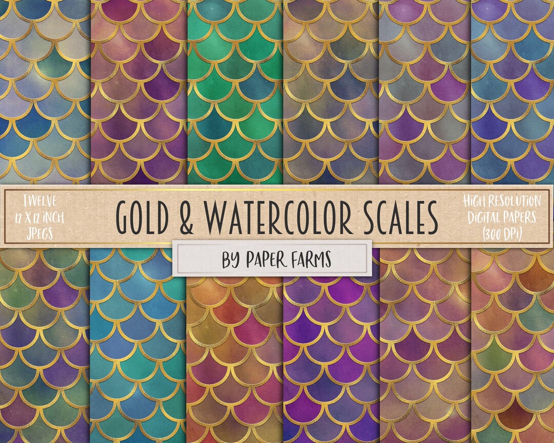 Mermaid Scales Digital Paper, Gold, Watercolor, Shells, Scales ...