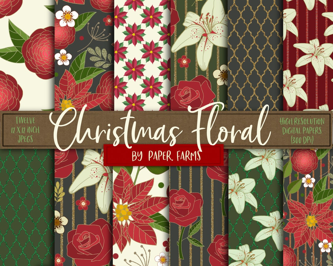Christmas Digital Paper, Christmas Flowers, Christmas Scrapbook Paper ...