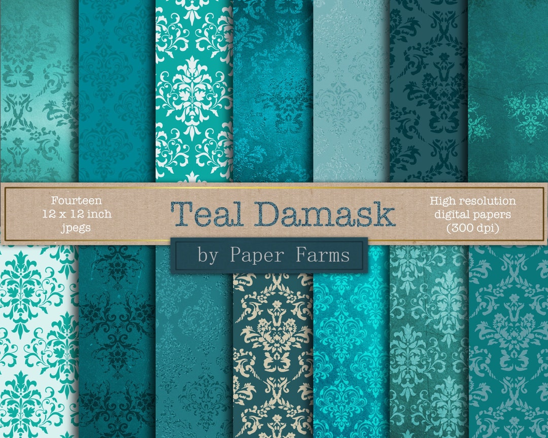 Digital Paper, Teal Damask Digital Paper, Antique Damask Digital Paper ...