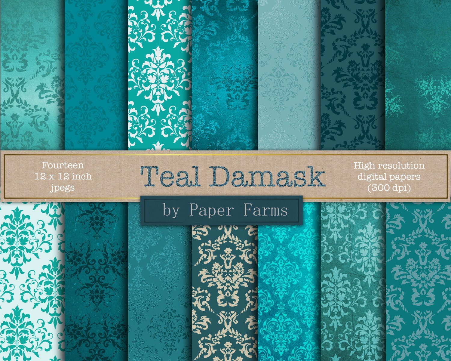 Digital paper teal damask digital paper antique damask | Etsy