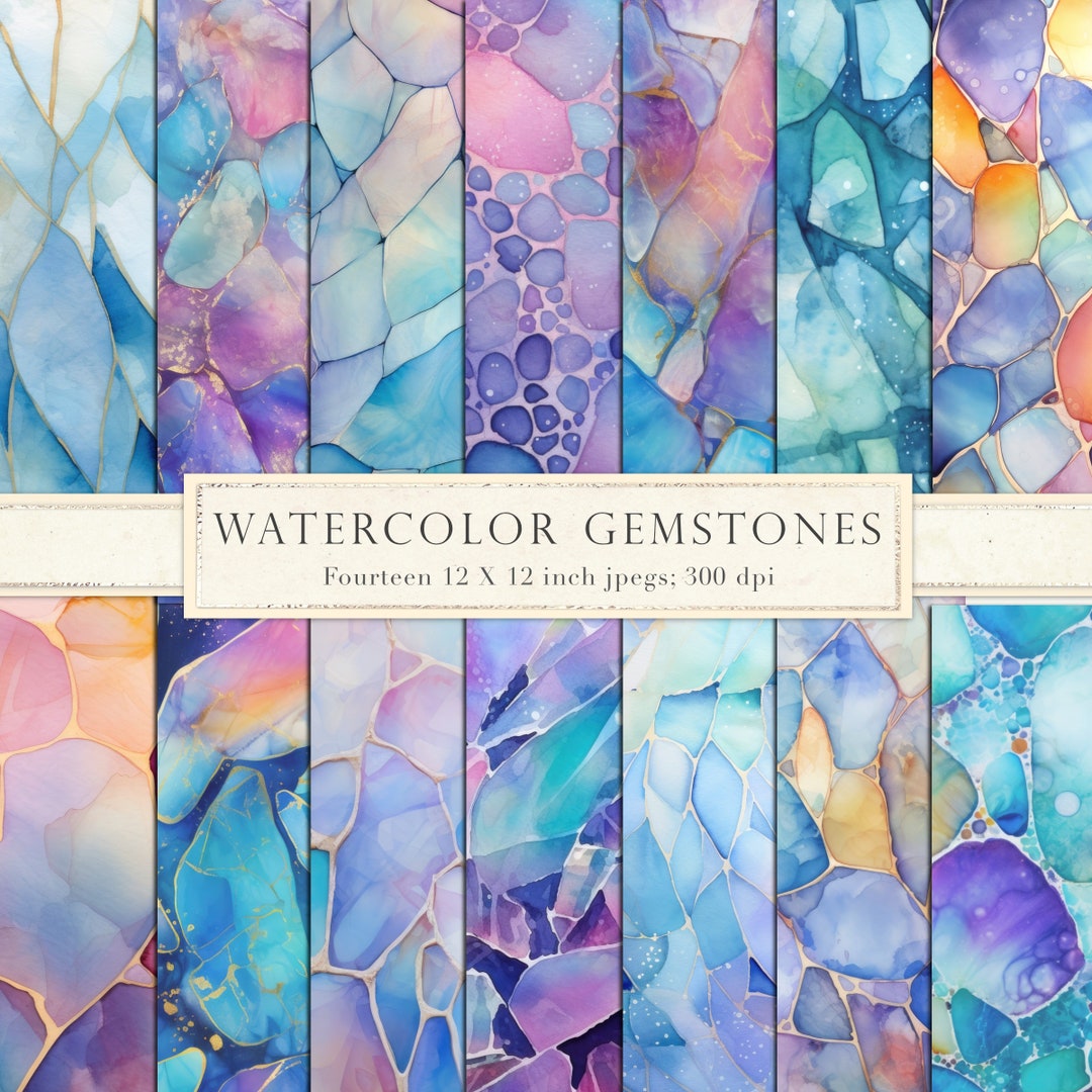 Watercolor Gemstone, Digital Paper, Scrapbook Paper, Iridescent ...