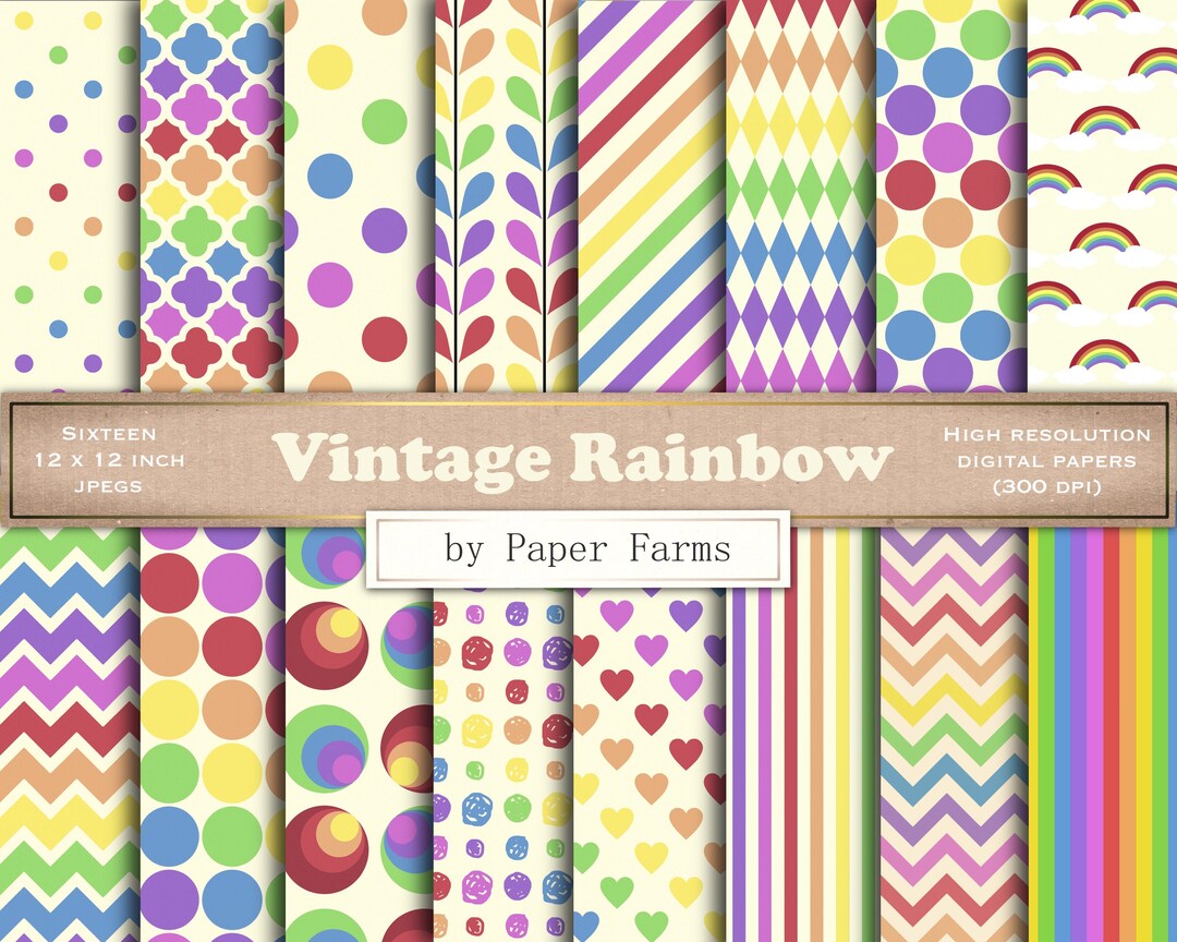 Retro Rainbow Digital Paper, Retro Rainbow Scrapbook Paper, Retro ...