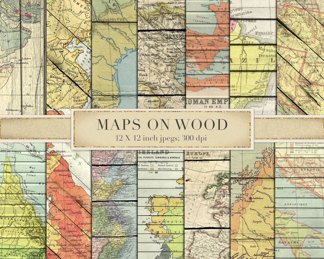 Vintage Maps on Wood, Backgrounds, Digital Paper, Scrapbook Paper, Wood ...