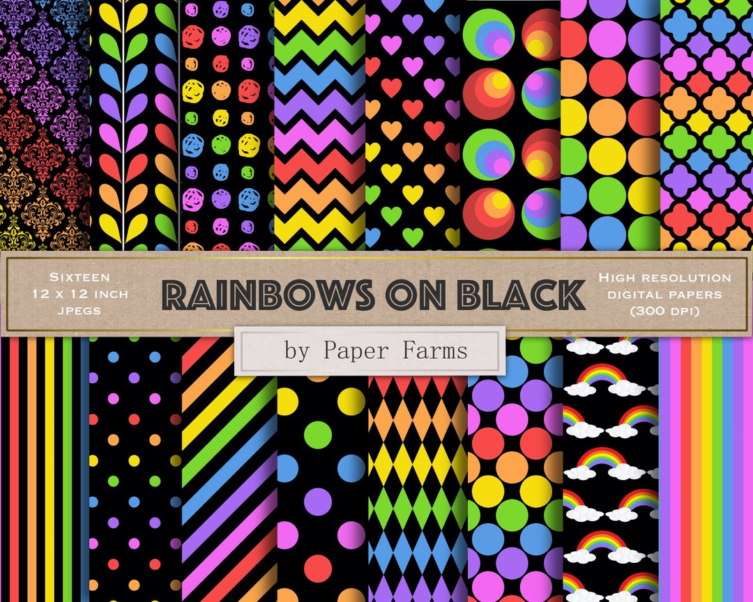 Rainbow Digital Paper, Black and Rainbow, Scrapbook Paper, Rainbow ...
