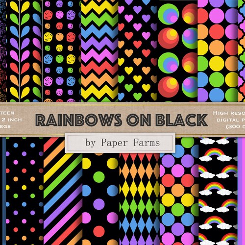 Rainbow Digital Paper Black and Rainbow Scrapbook Paper | Etsy
