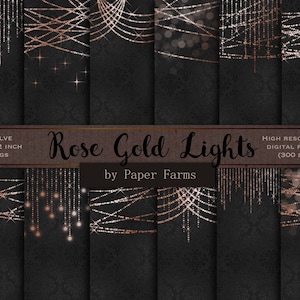 Rose Gold Lights Digital Paper, Black Damask Background, Rose Gold ...