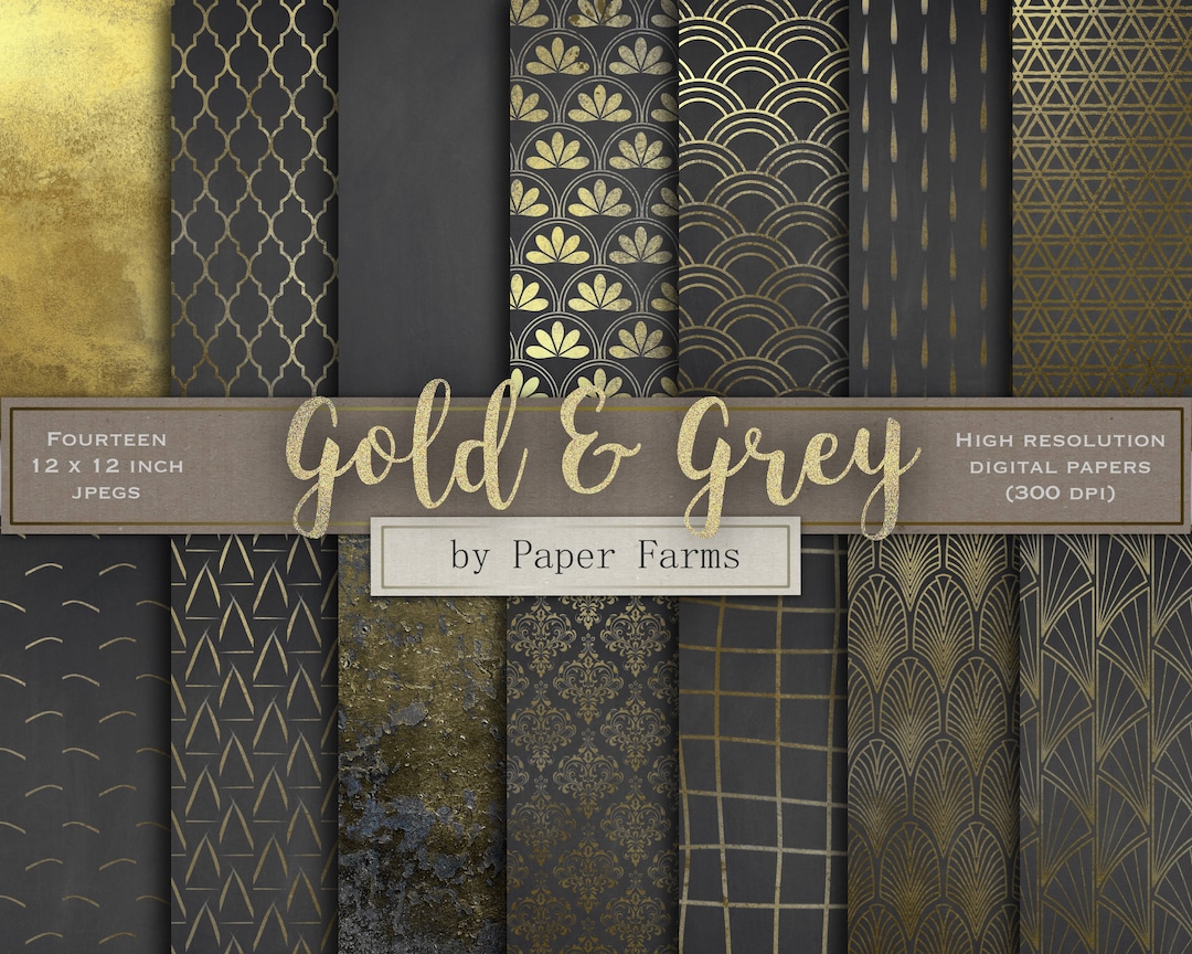 Gold Patterns, Digital Paper, Scrapbook Paper, Distressed, Gold, Gray ...