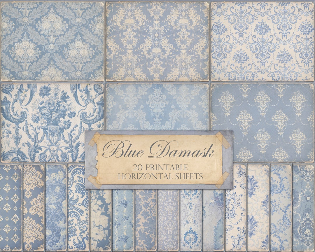 Vintage Blue Damask, Collage Sheets, Ephemera, Horizontal, Digital ...