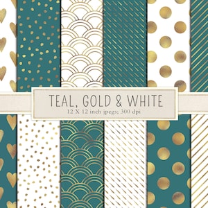 Teal Gold Digital Paper, Gold Foil Patterns, Metallic Gold Patterns ...