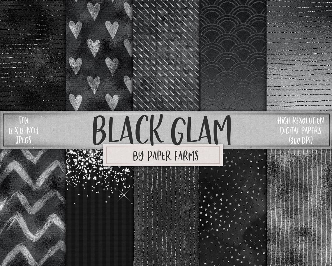 Black Digital Papers, Back Scrapbook Paper, Black Glam, Black Glitter ...