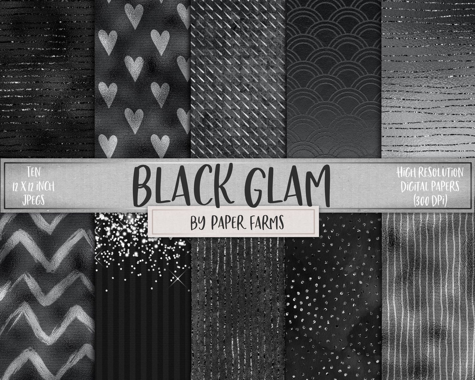 Black Digital Papers, Back Scrapbook Paper, Black Glam, Black Glitter ...