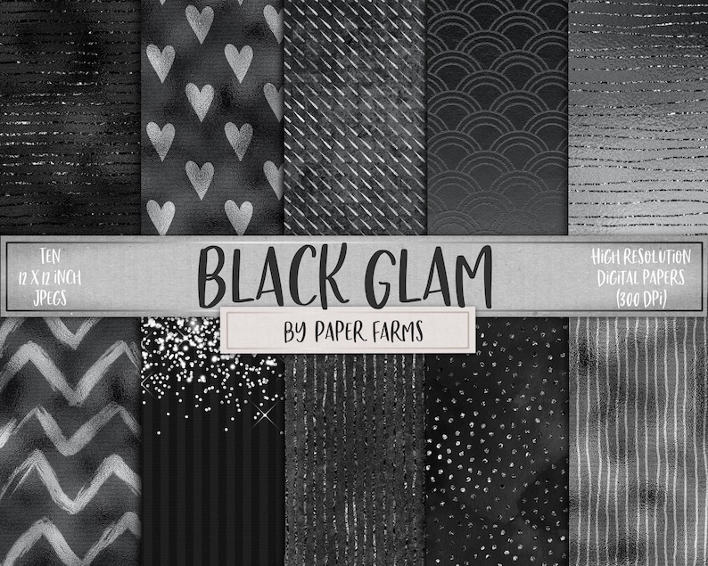 Black Digital Papers, Back Scrapbook Paper, Black Glam, Black Glitter ...
